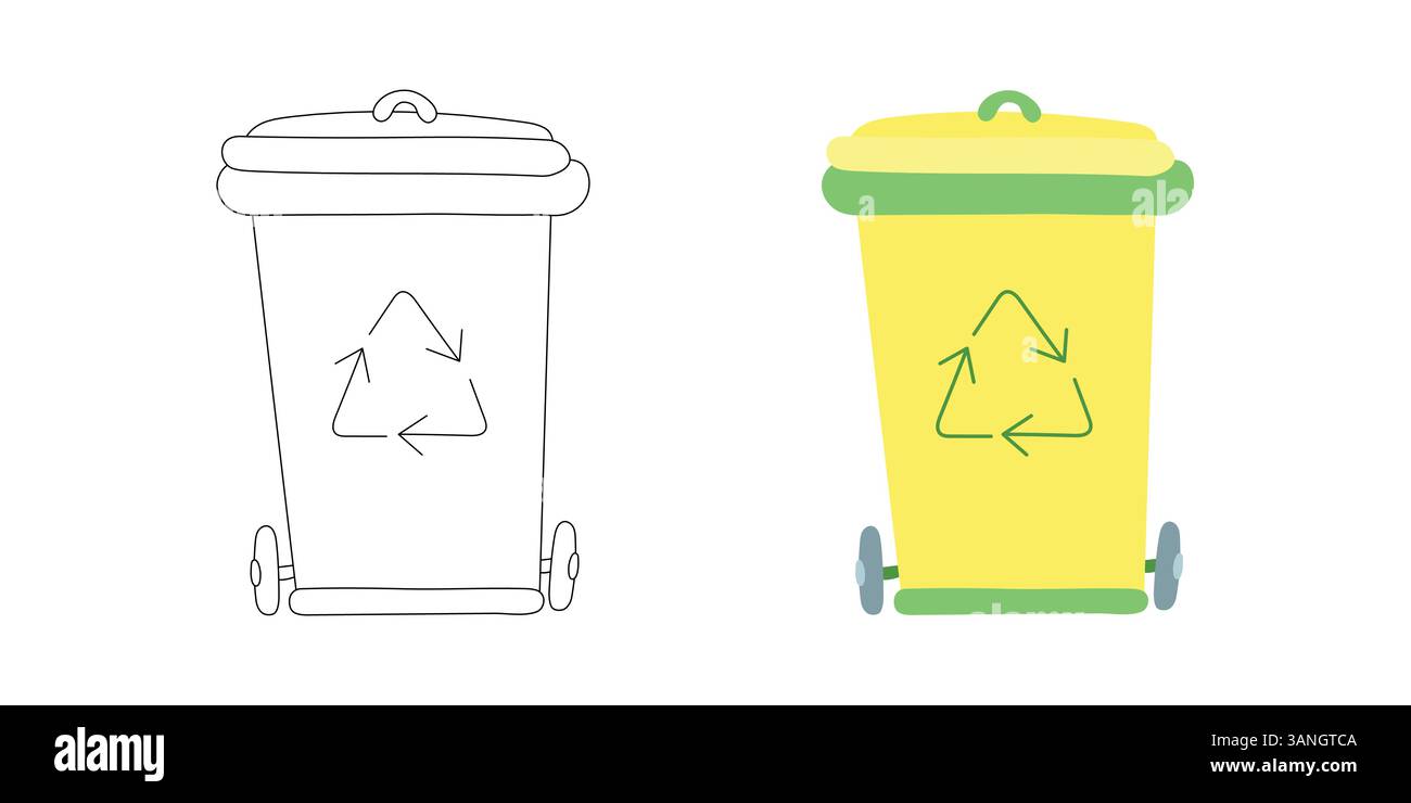 Yellow recycling bin with green lid and wheels, eco-friendly symbol for ...