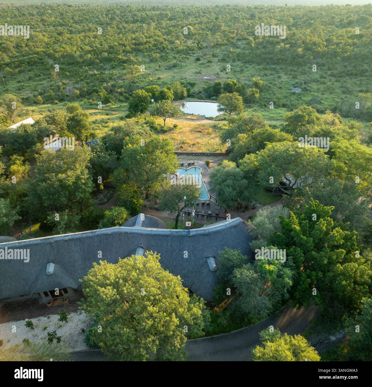 Aerial view of luxury resort bungalows in the south African savanna ...