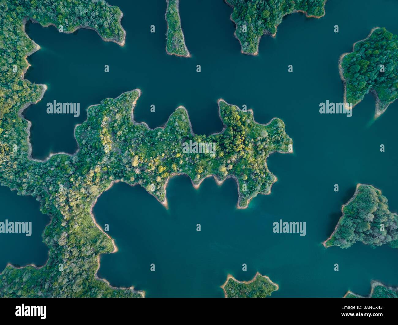 Aerial view of Guatapé, a complex of bay and inlets in Antioquia ...