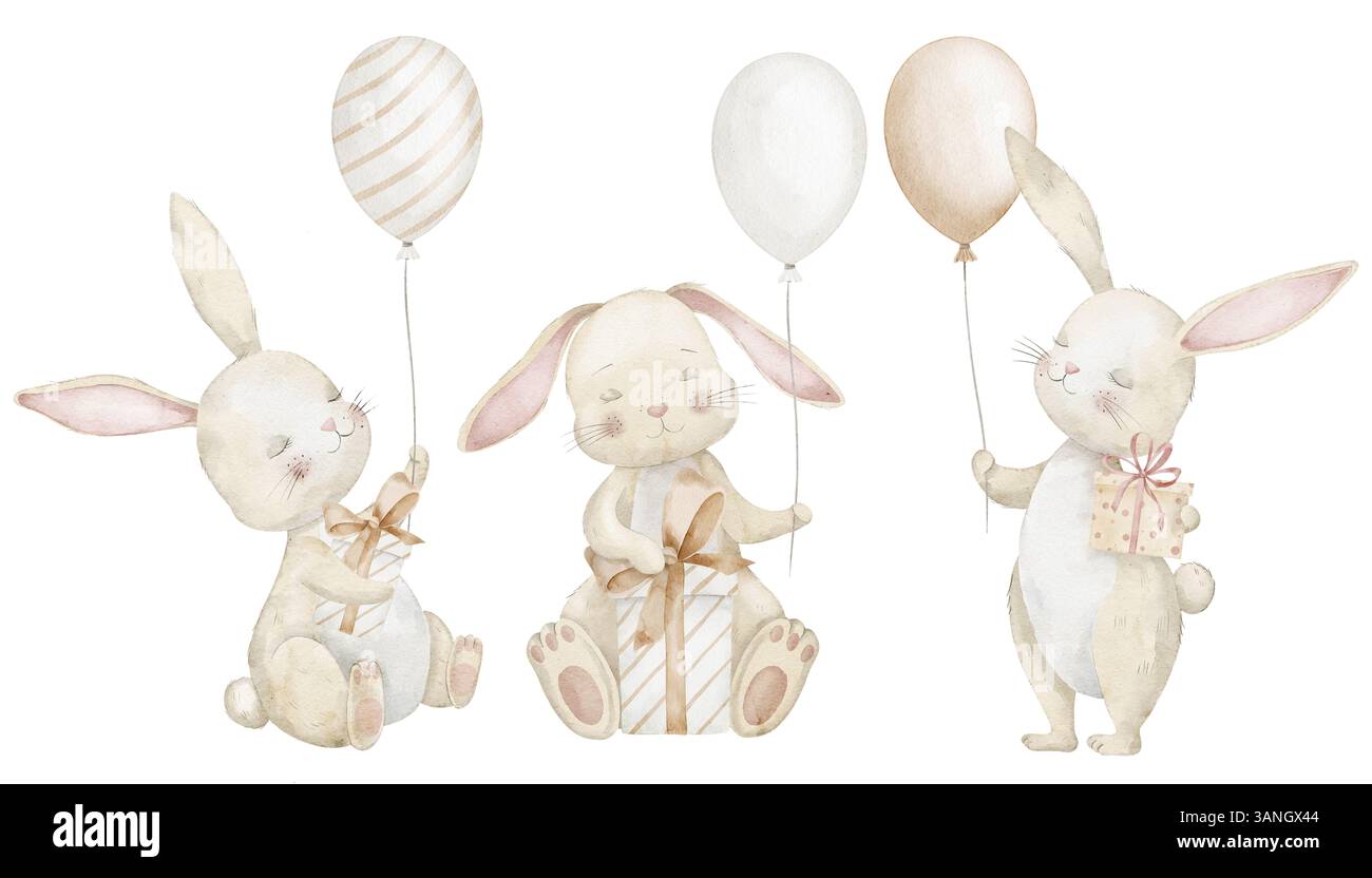 Watercolor set of cute Bunnies with balloons and presents in beige ...