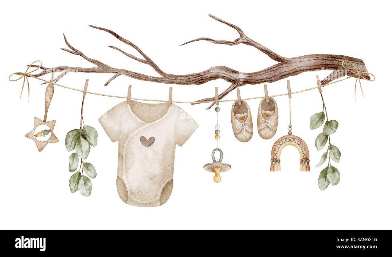 Watercolor Baby clothes and accessories hanging on a branch. Onesie ...