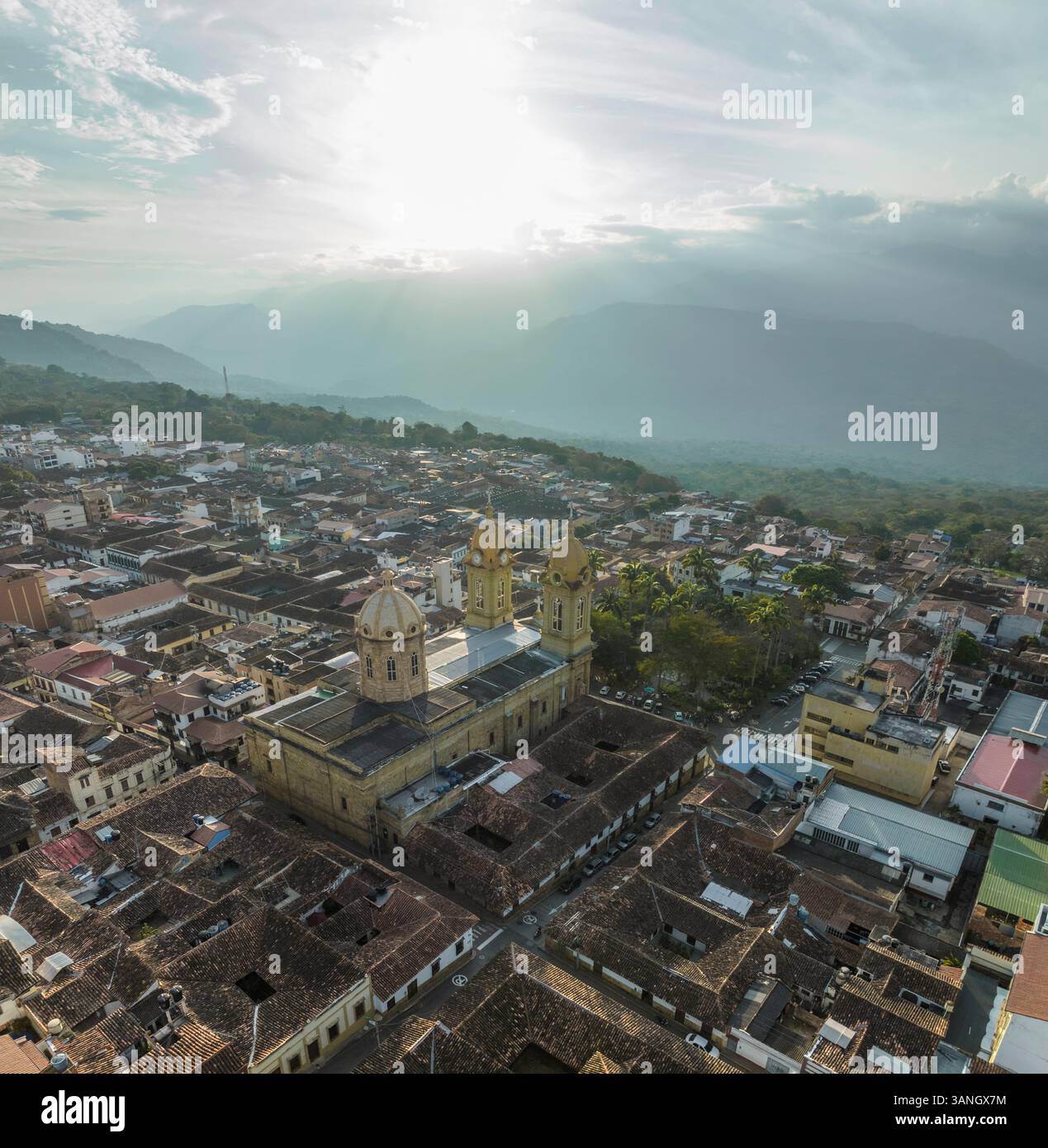 Aerial view of Socorro with its catholic church in downtown, a small ...