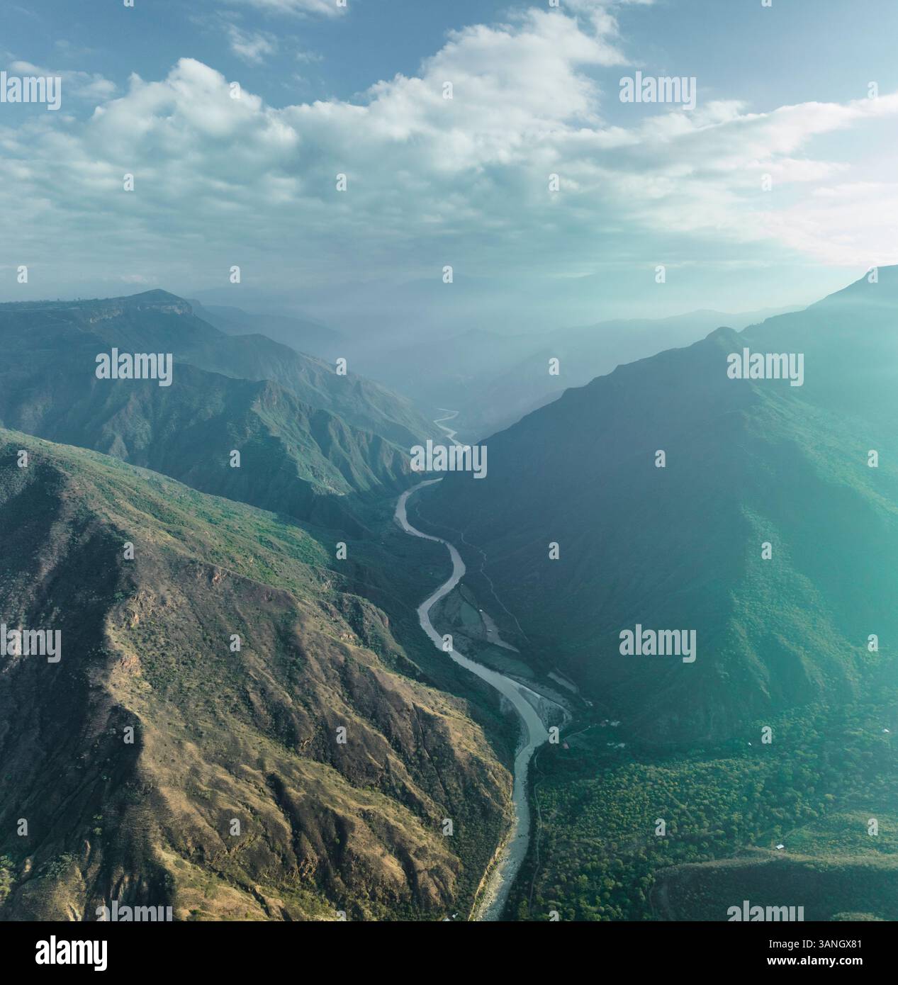 Aerial view of Rio Umpala, a river crossing the canyon across the ...