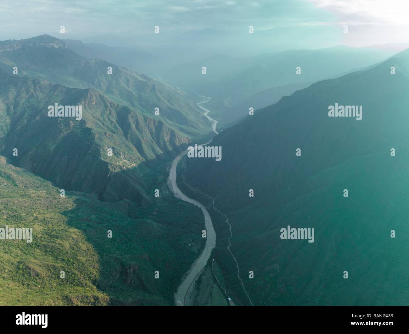 Aerial view of Rio Umpala, a river crossing the canyon across the ...