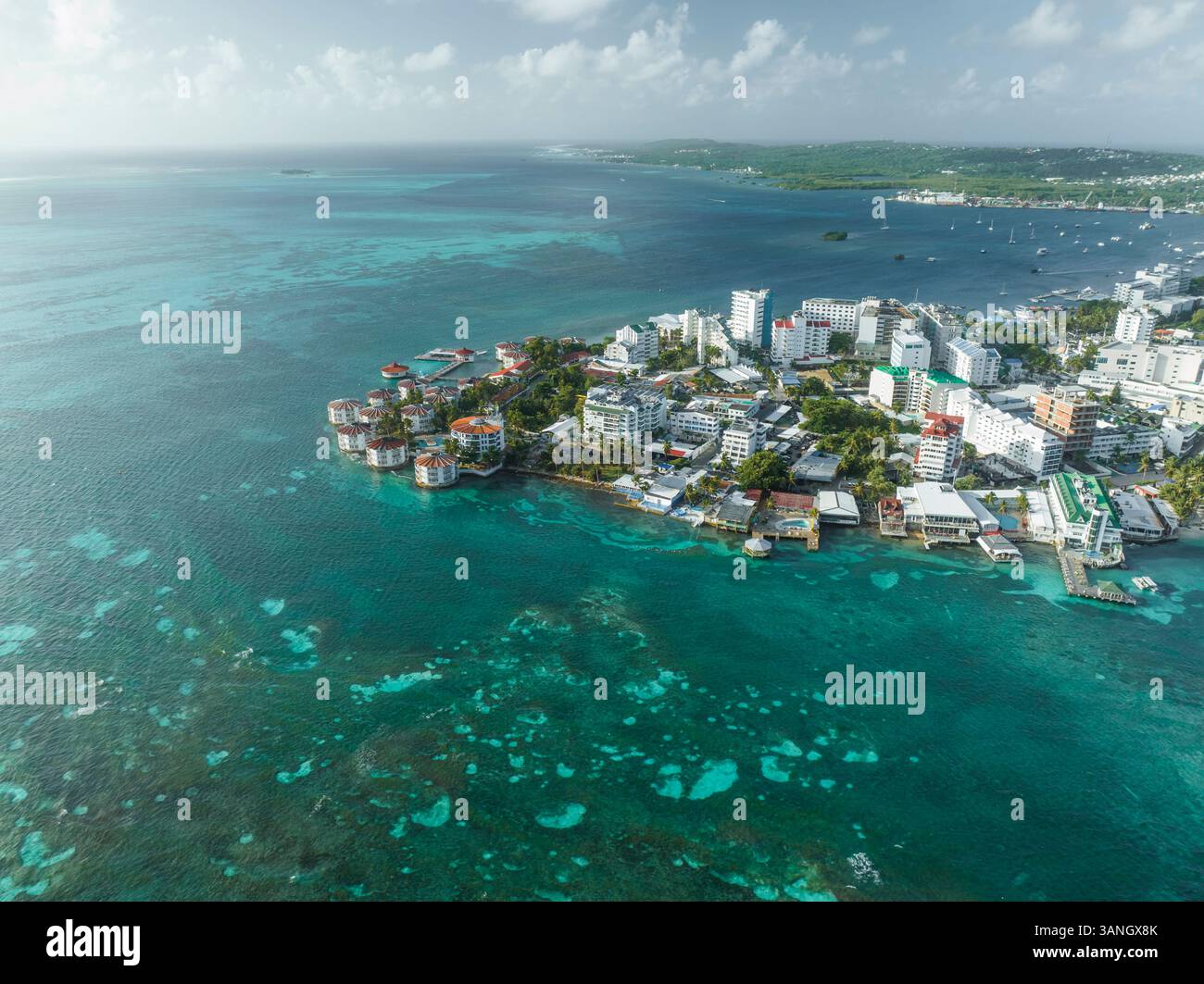 Aerial view of San Andres town on San Andres Island in the Carribean ...
