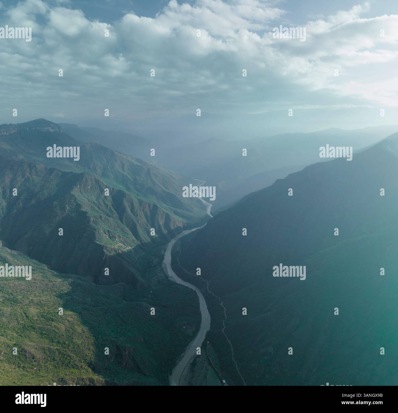 Aerial view of Rio Umpala, a river crossing the canyon across the ...