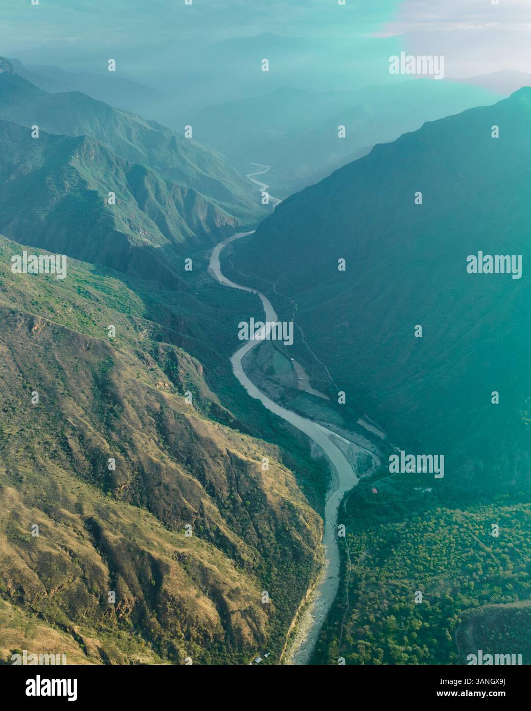 Aerial view of Rio Umpala, a river crossing the canyon across the ...