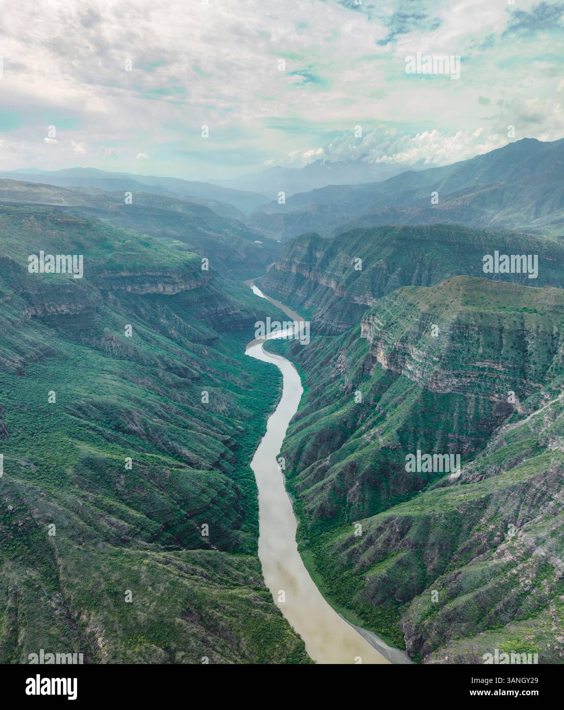 Aerial view of Sogamoso River across the mountain valley in Los Santos ...