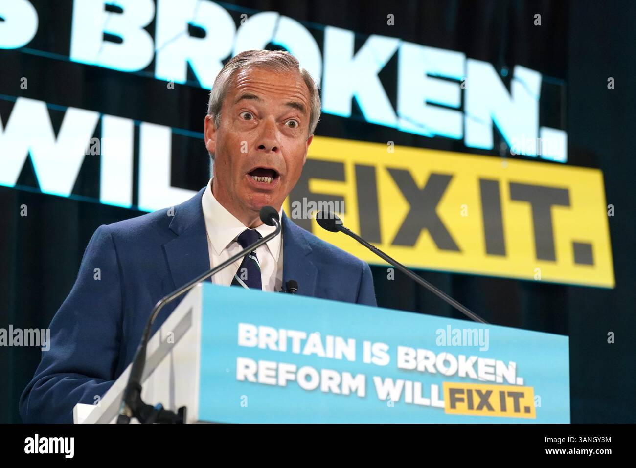 Reform UK leader Nigel Farage speaking at the Newton Aycliffe working ...