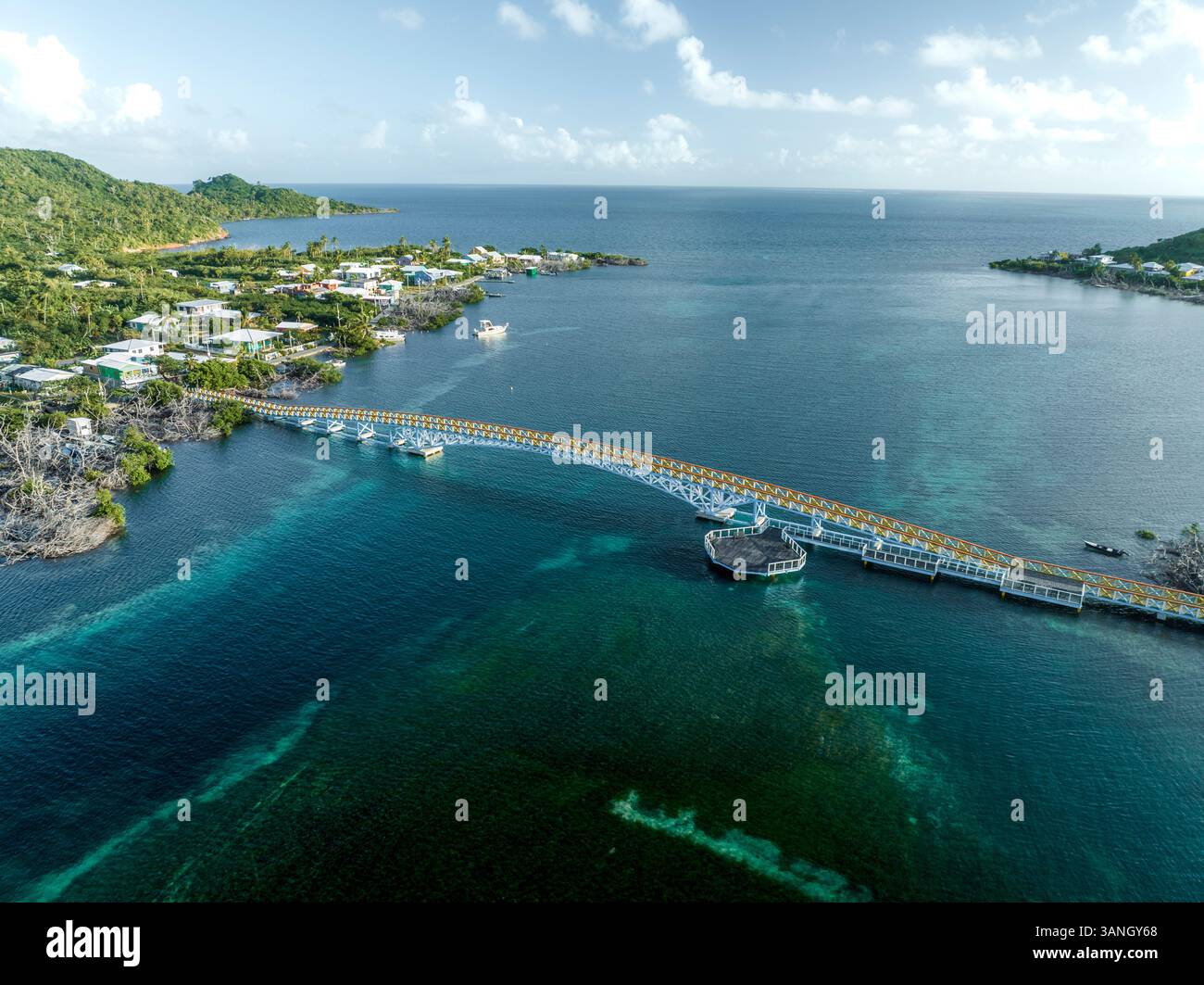 Aerial view of a suspended bridge crossing the bay connecting the two ...