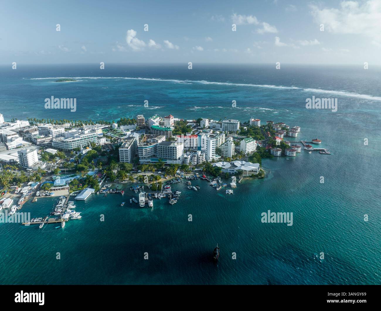 Aerial view of San Andres town on San Andres Island in the Carribean ...