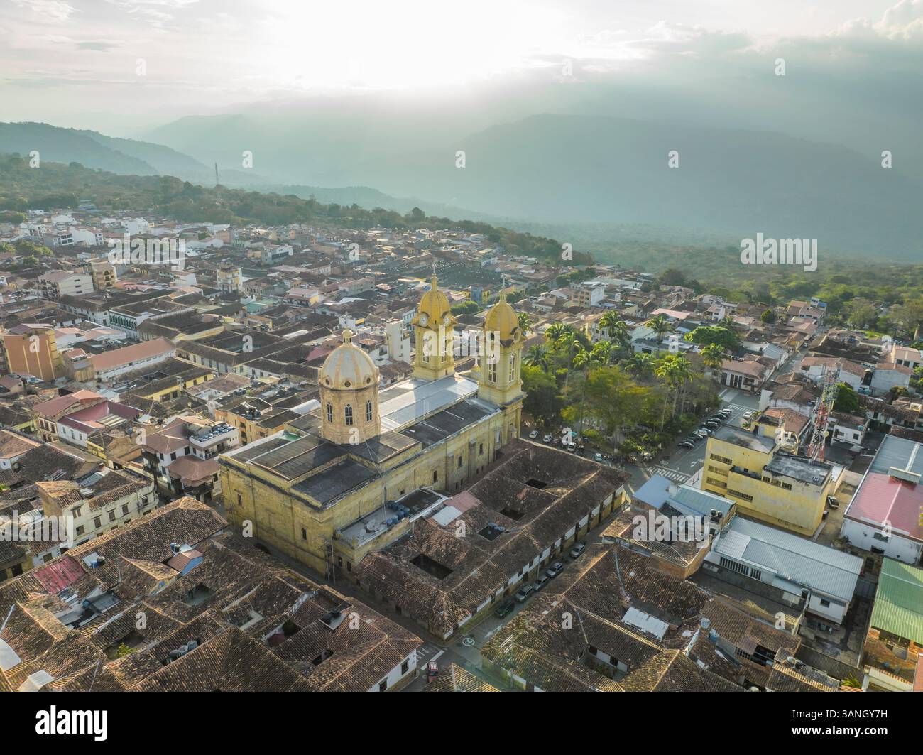 Aerial view of Socorro with its catholic church in downtown, a small ...