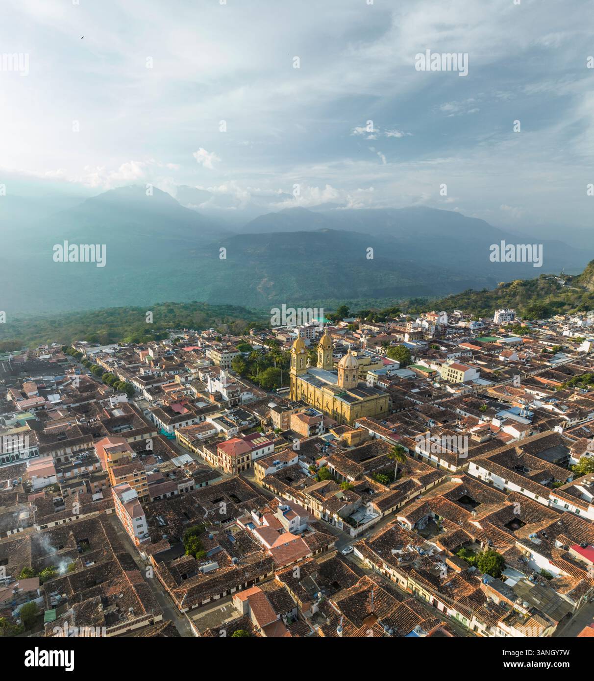 Aerial view of Socorro with its catholic church in downtown, a small ...
