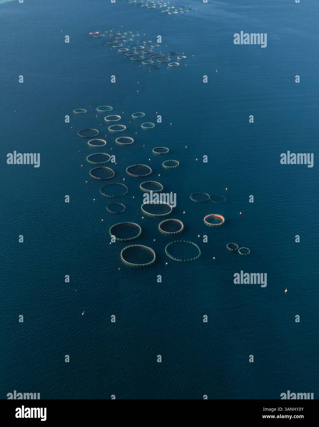 Aerial view of fish farm off the coastline in the ocean sea water ...