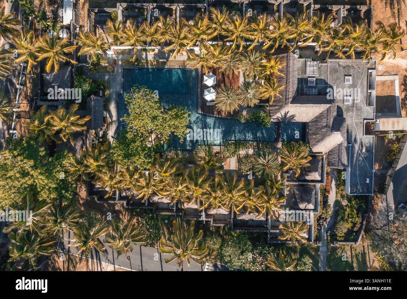 Aerial view of a luxury hotel with swimming pool, Grand Port, Mauritius ...