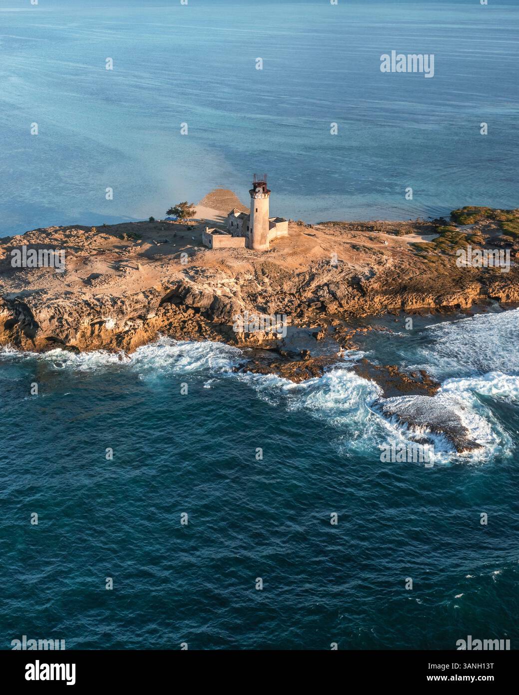 Aerial view of Ile aux Fouquets lighthouse on Ile au Phare, Grand Port ...