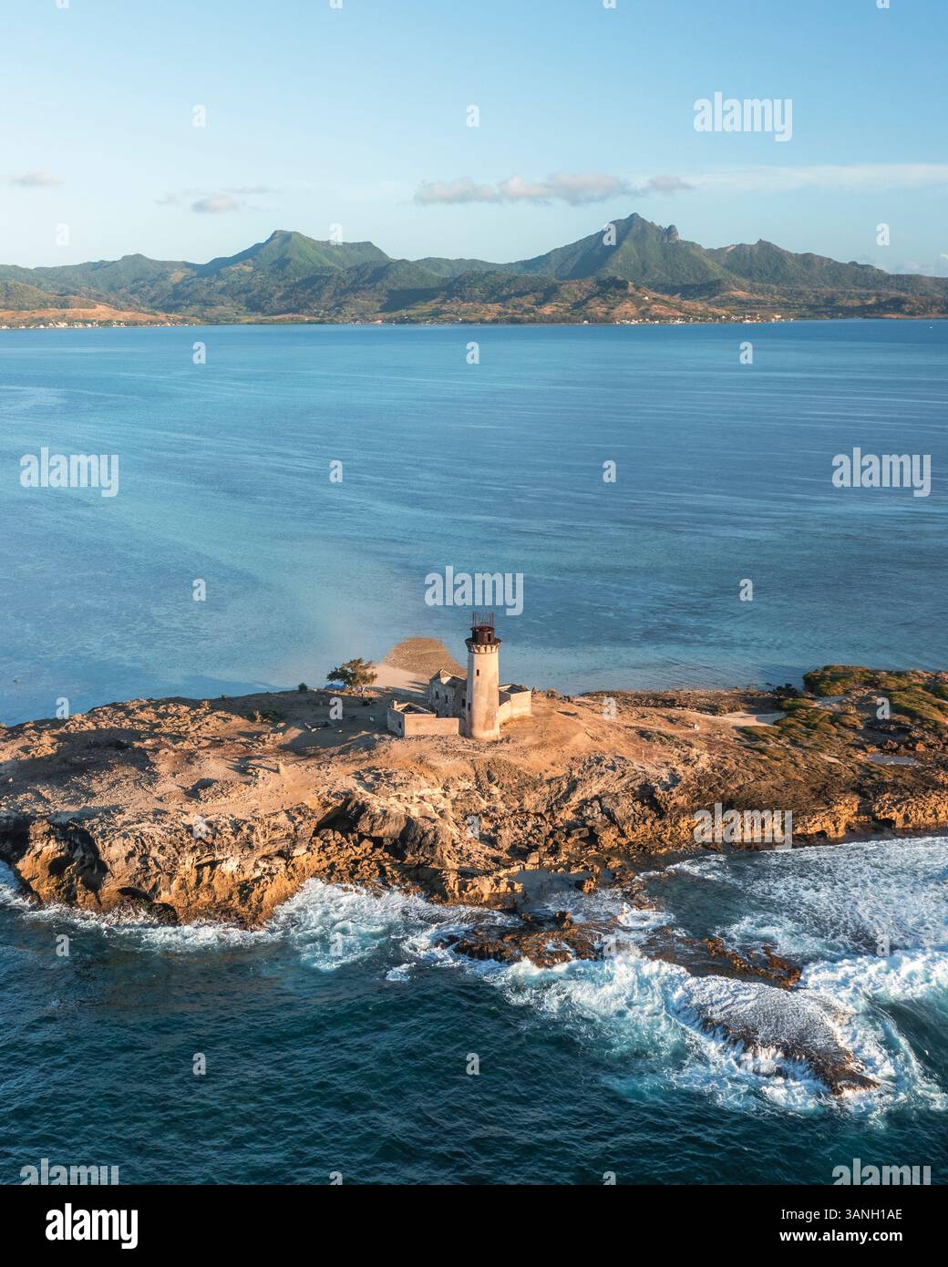 Aerial view of Ile aux Fouquets lighthouse on Ile au Phare, Grand Port ...