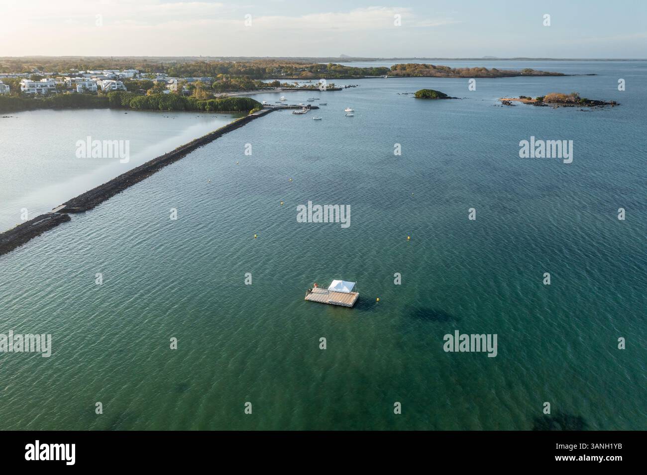 Aerial view of a floating platform from a luxury resort along the ...