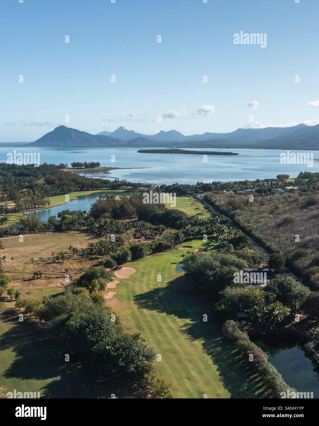 Aerial view of a golf court at sunrise, Rivière du Rempart, Mauritius ...