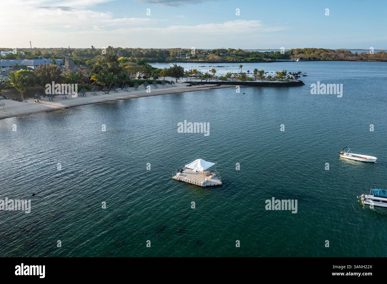 Aerial view of a floating platform from a luxury resort along the ...