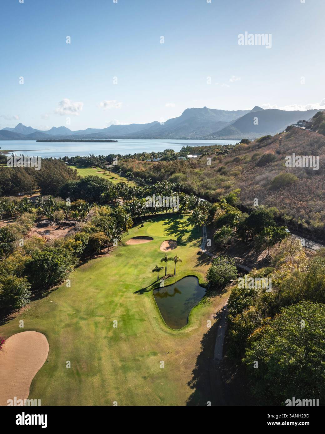 Aerial view of a golf court at sunrise, Rivière du Rempart, Mauritius ...