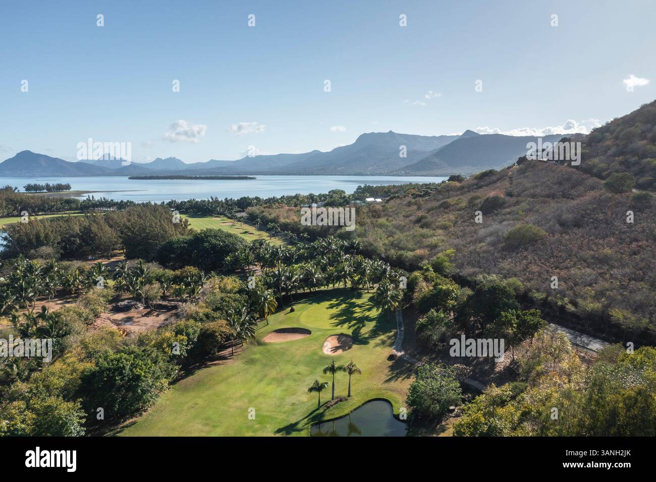 Aerial view of a golf court at sunrise, Rivière du Rempart, Mauritius ...