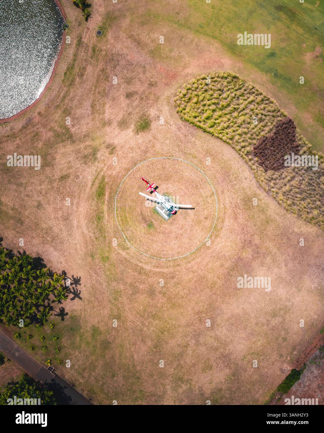 Aerial view of an helicopter ready for take off on a heliport in Bel ...