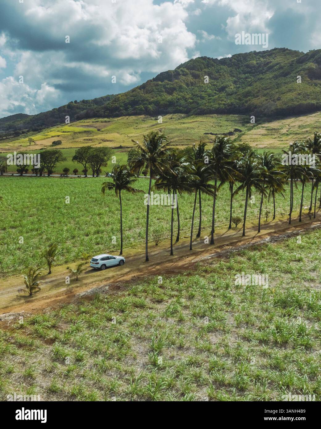 Grand Port, Mauritius - 12 October 2022: Aerial view of a car driving a ...