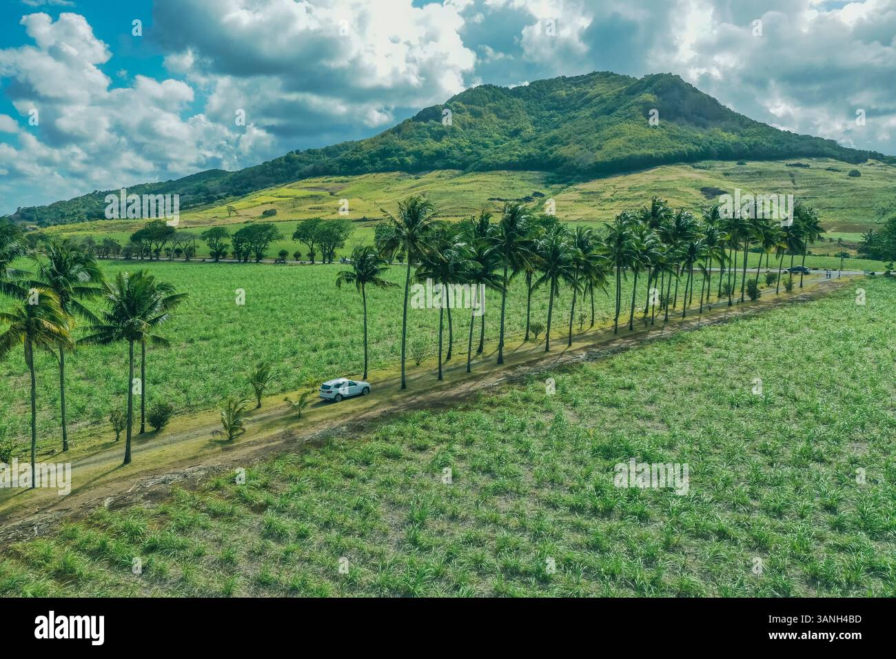 Grand Port, Mauritius - 12 October 2022: Aerial view of a car driving a ...
