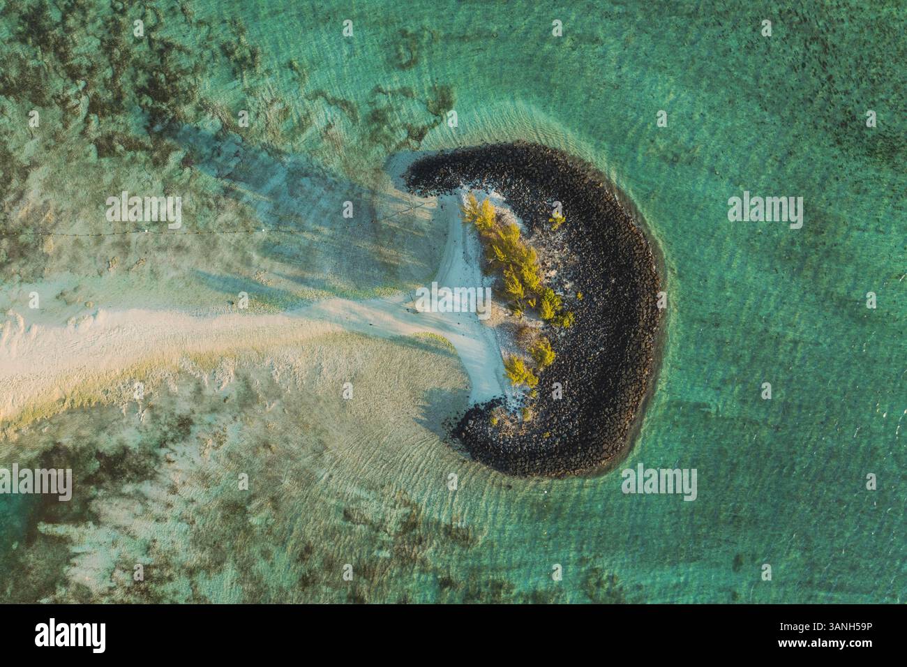 Aerial view of a small desert island along the coastline, Ilot Lievres ...