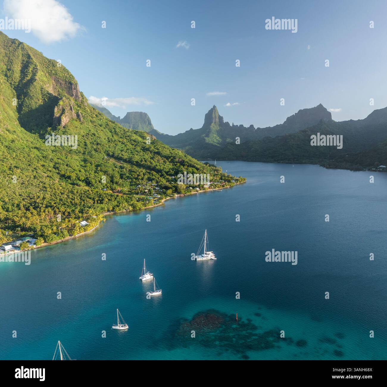 Aerial view of sailing boats in Opunohu bay, Moorea, French Polynesia ...