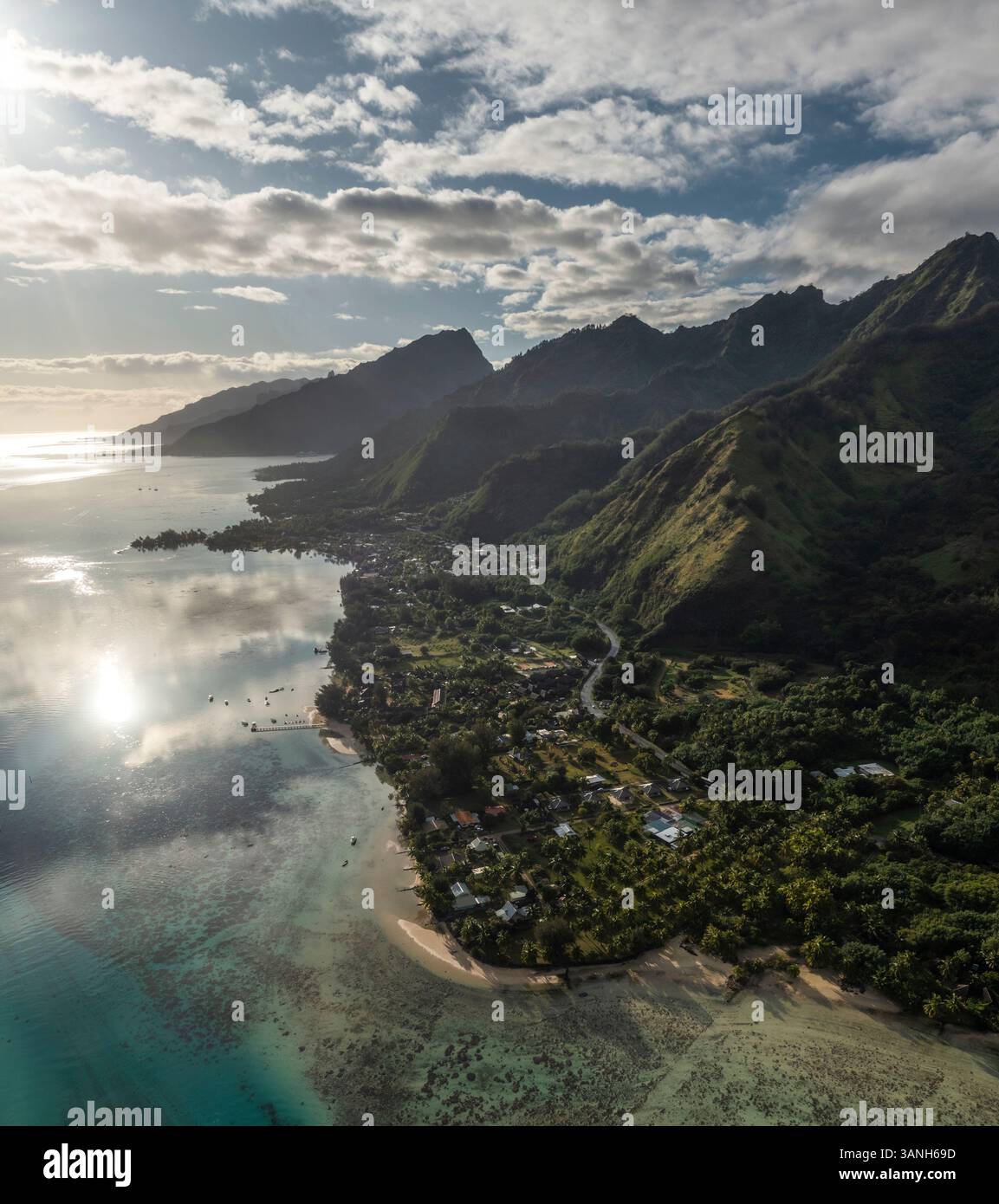 Aerial view of Hauru beach and coastline, Moorea, French Polynesia ...
