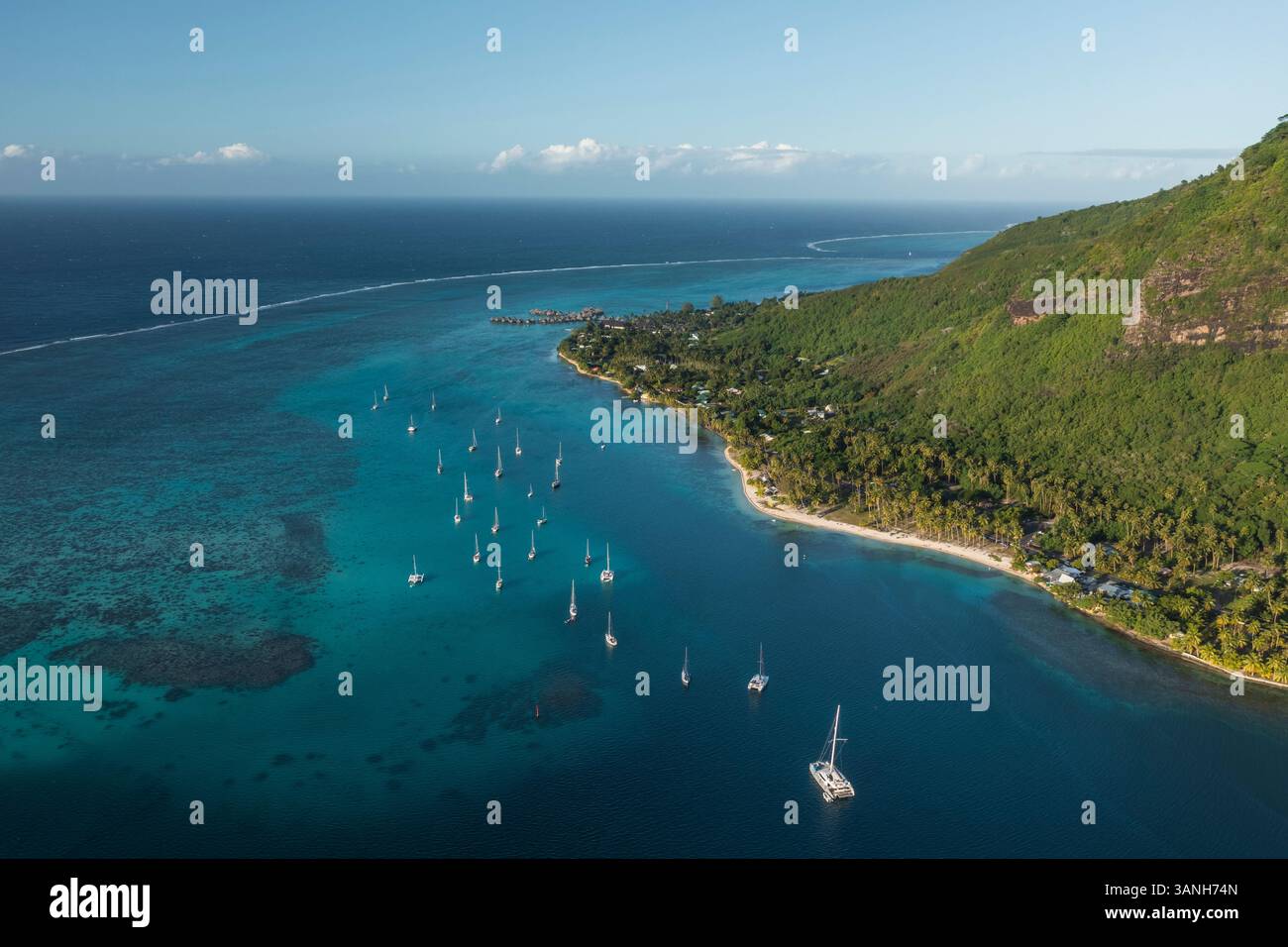 Aerial view of sailing boats in Opunohu bay, Moorea, French Polynesia ...
