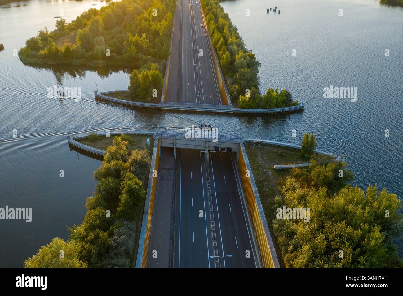 Aerial view of a water bridge crossing the road, Aquaduct Veluwemeer ...
