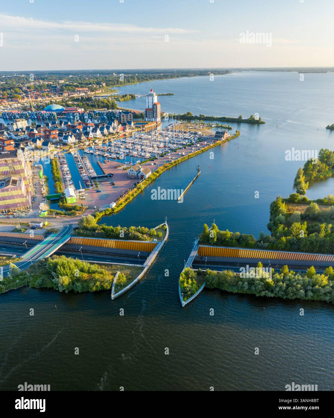 Aerial view of a water bridge crossing the road, Aquaduct Veluwemeer ...