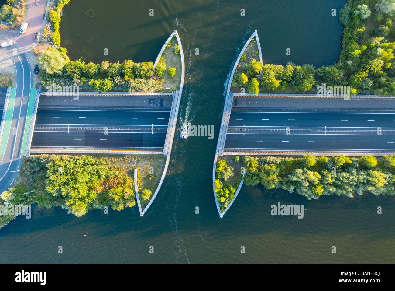 Aerial view of a water bridge crossing the road, Aquaduct Veluwemeer ...