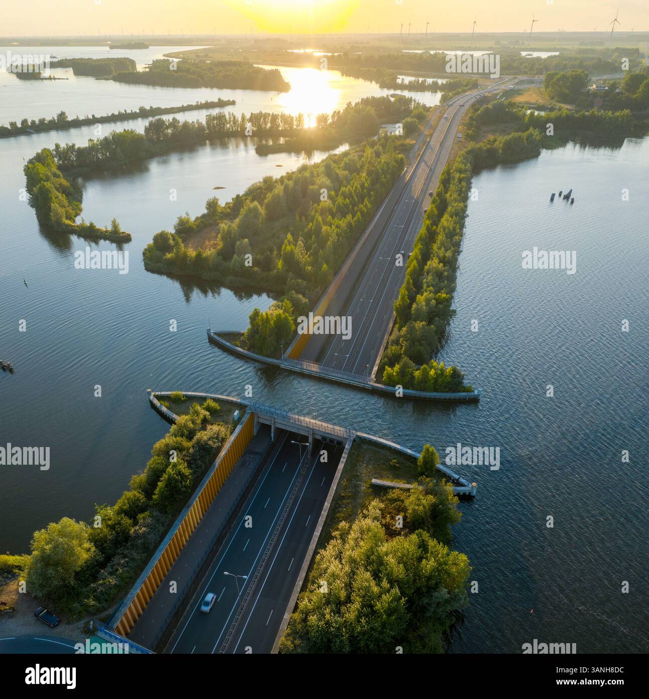 Aerial view of a water bridge crossing the road, Aquaduct Veluwemeer ...