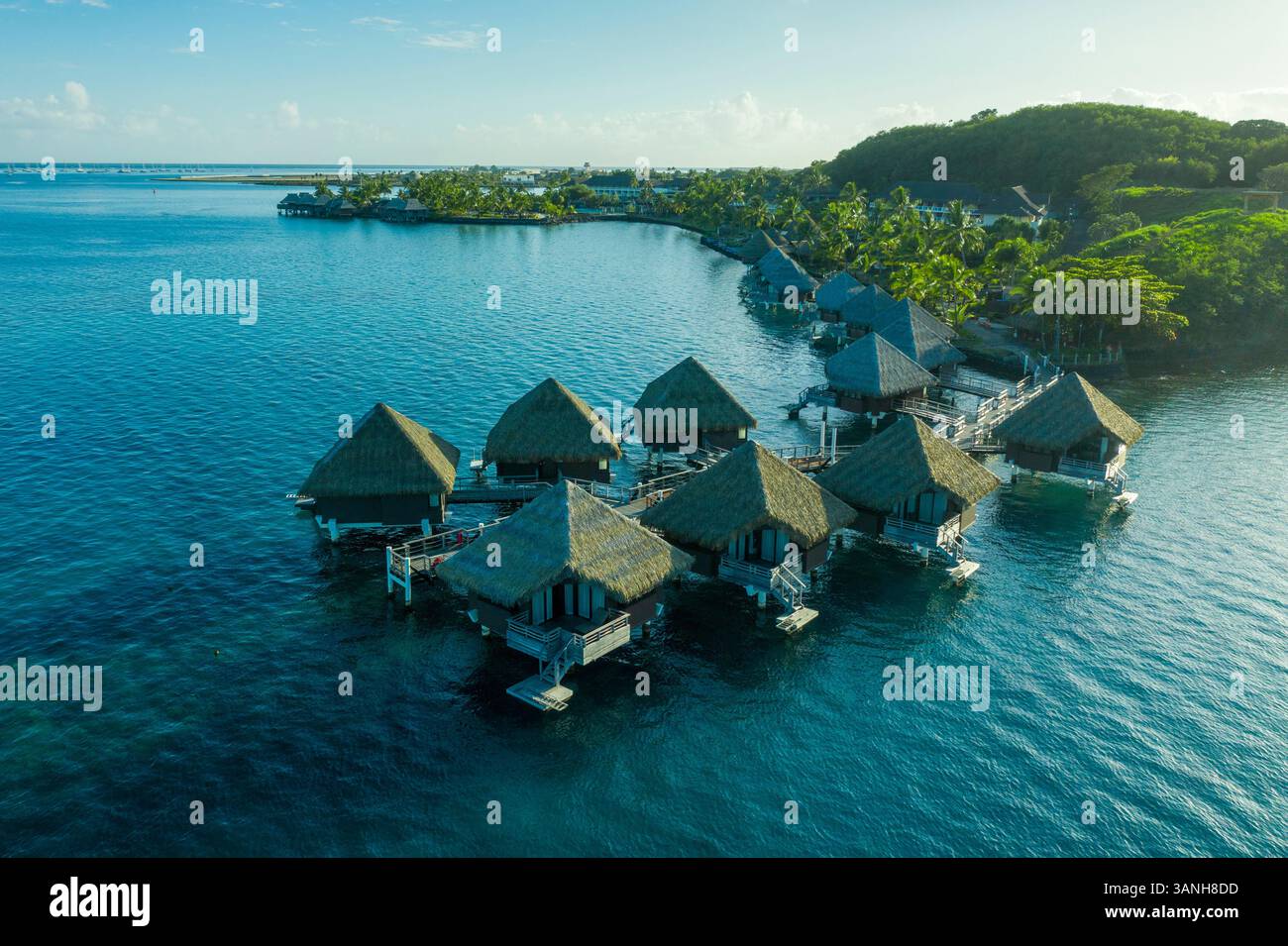 Aerial view of wooden huts from a luxury hotel in Tahiti, French ...