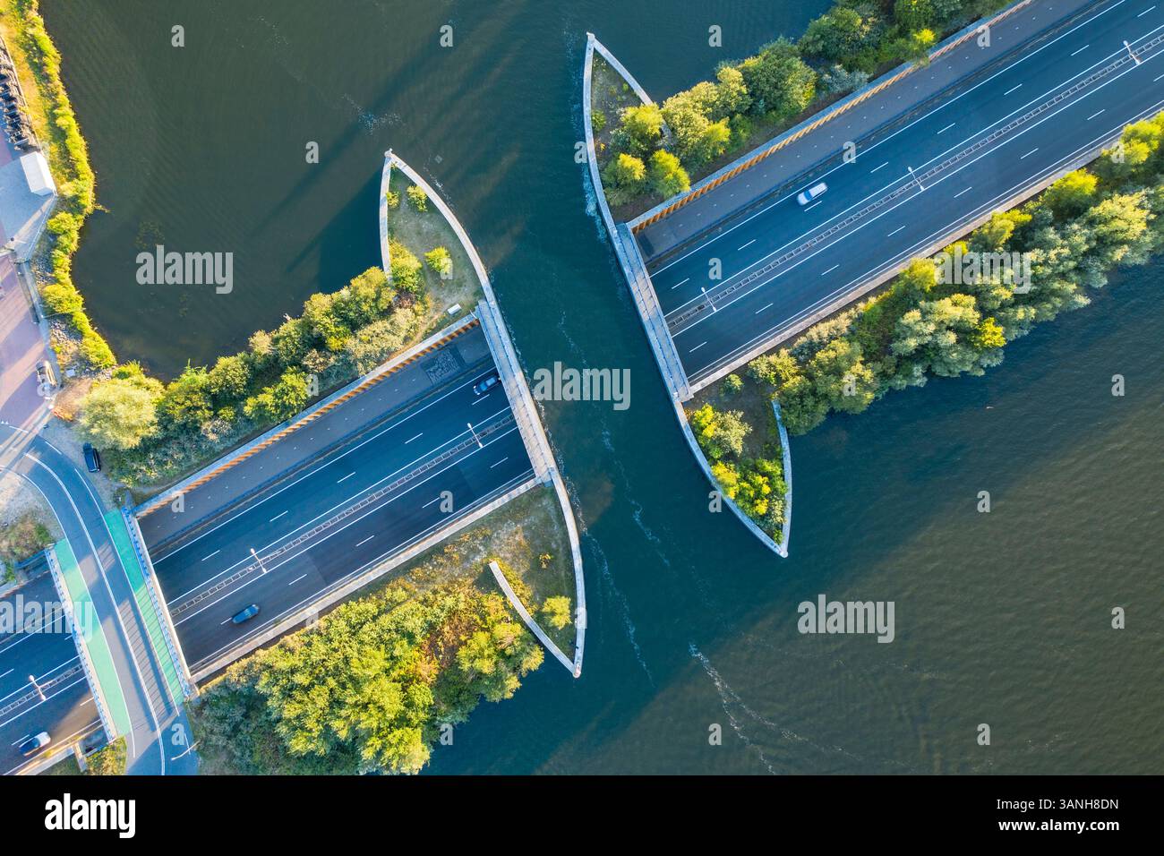 Aerial view of a water bridge crossing the road, Aquaduct Veluwemeer ...