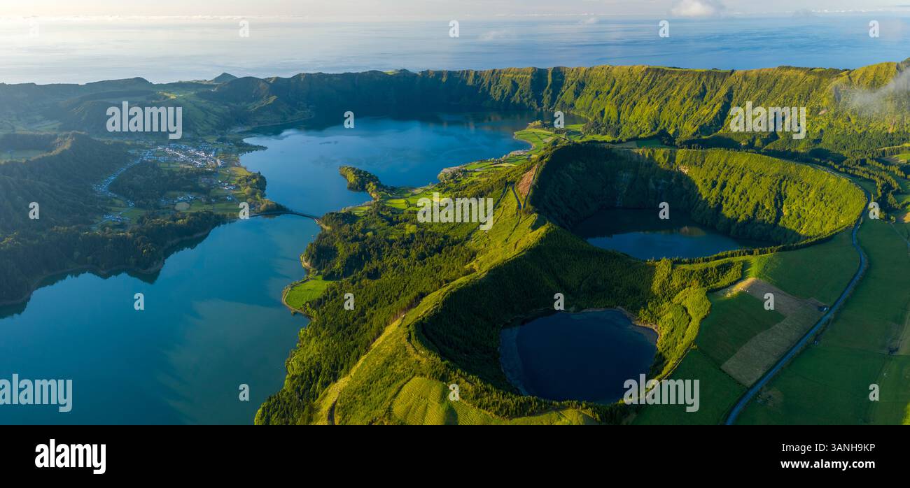 Aerial view of Lagoa Verde, Sete Cidades, Azores, São Miguel Island ...