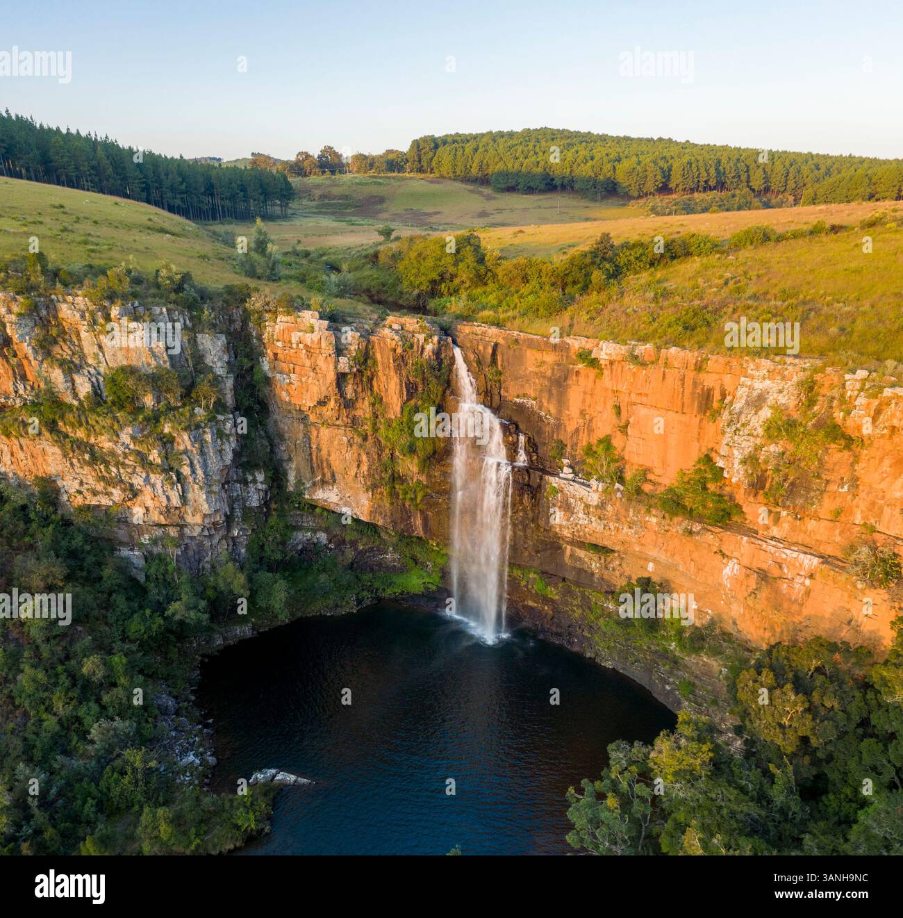 Aerial View of river falls in the forest in Thaba Chweu NU, Mpumalanga ...