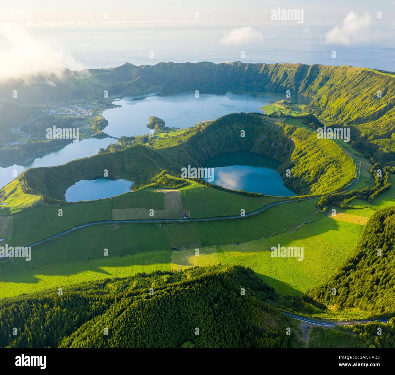 Aerial view of Lagoa Verde, Sete Cidades, Azores, São Miguel Island ...
