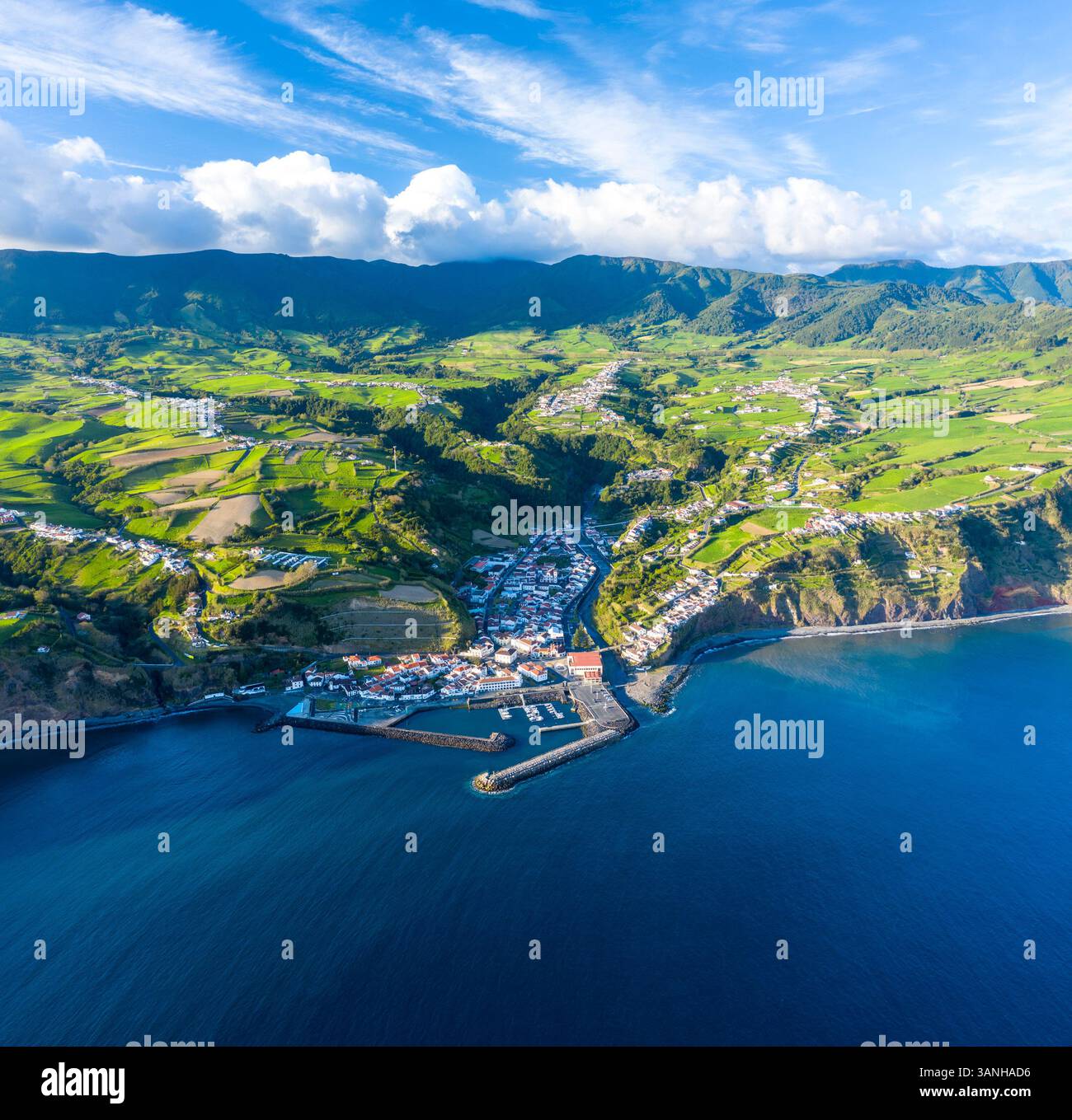 Aerial View of Village on the ocean, Povoacao, Azores, Portugal Stock ...
