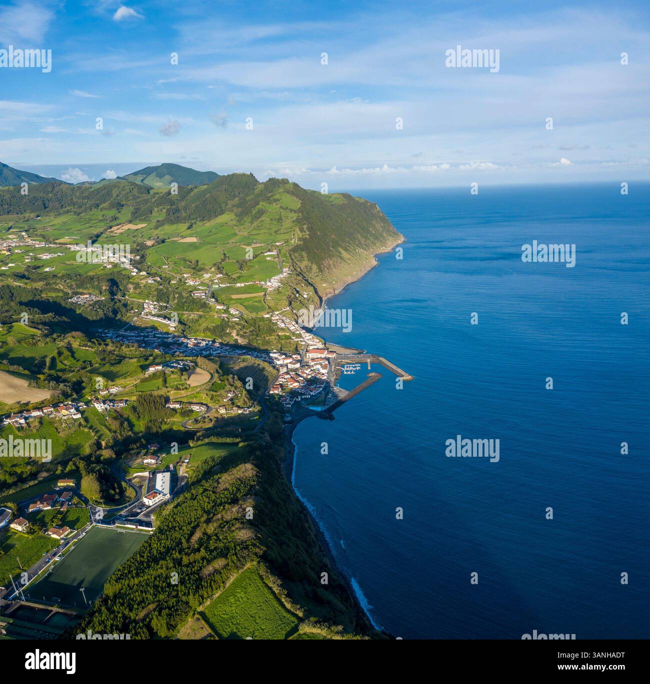 Aerial View of Village on the ocean, Povoacao, Azores, Portugal Stock ...