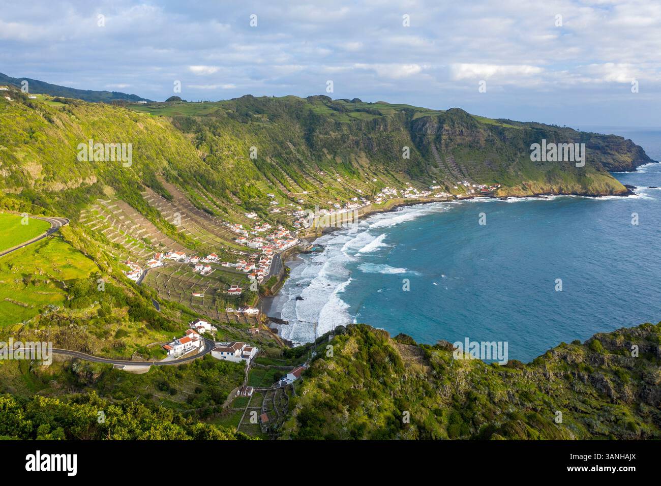 Aerial view of houses along the Sao Lourenco terrace fields on Santa ...