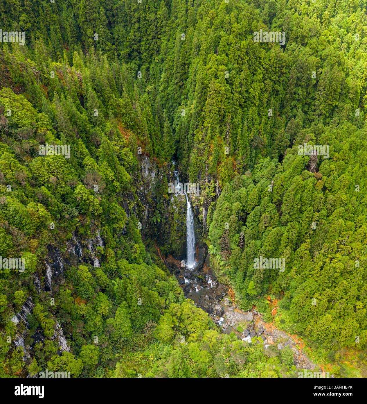 Aerial View of Cascata das Lombadas waterfall in the forest, Ribeira ...