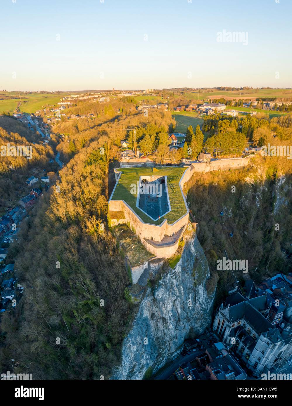 Aerial view of a fort on hilltop in Dinant old town, Namur, Belgium ...
