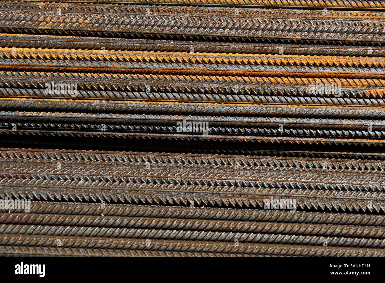 Steel rods in the construction site, close-up. Reinforcing bars ...