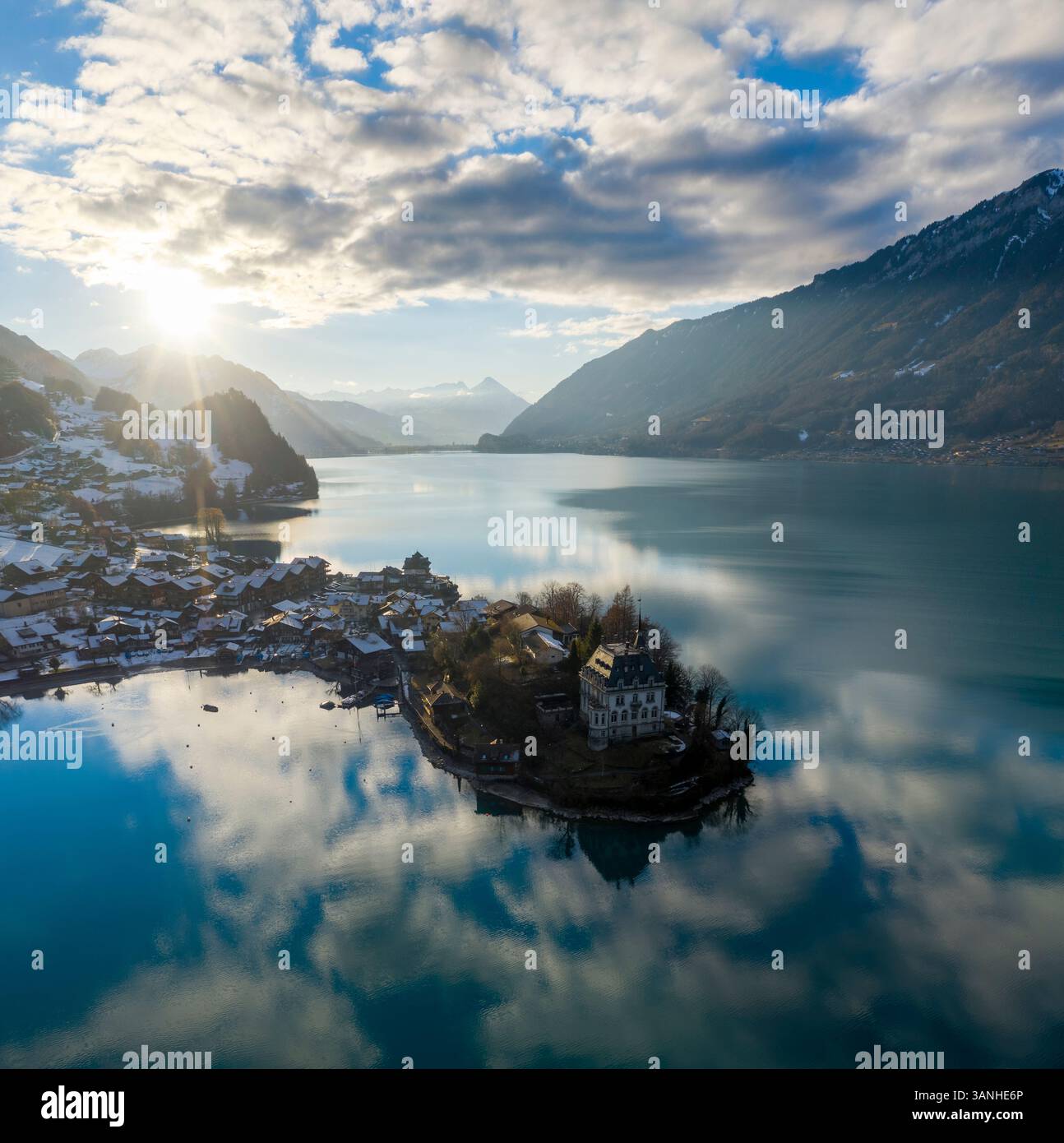 Aerial view of Iseltwald along Brienzersee lake in wintertime, Bern ...