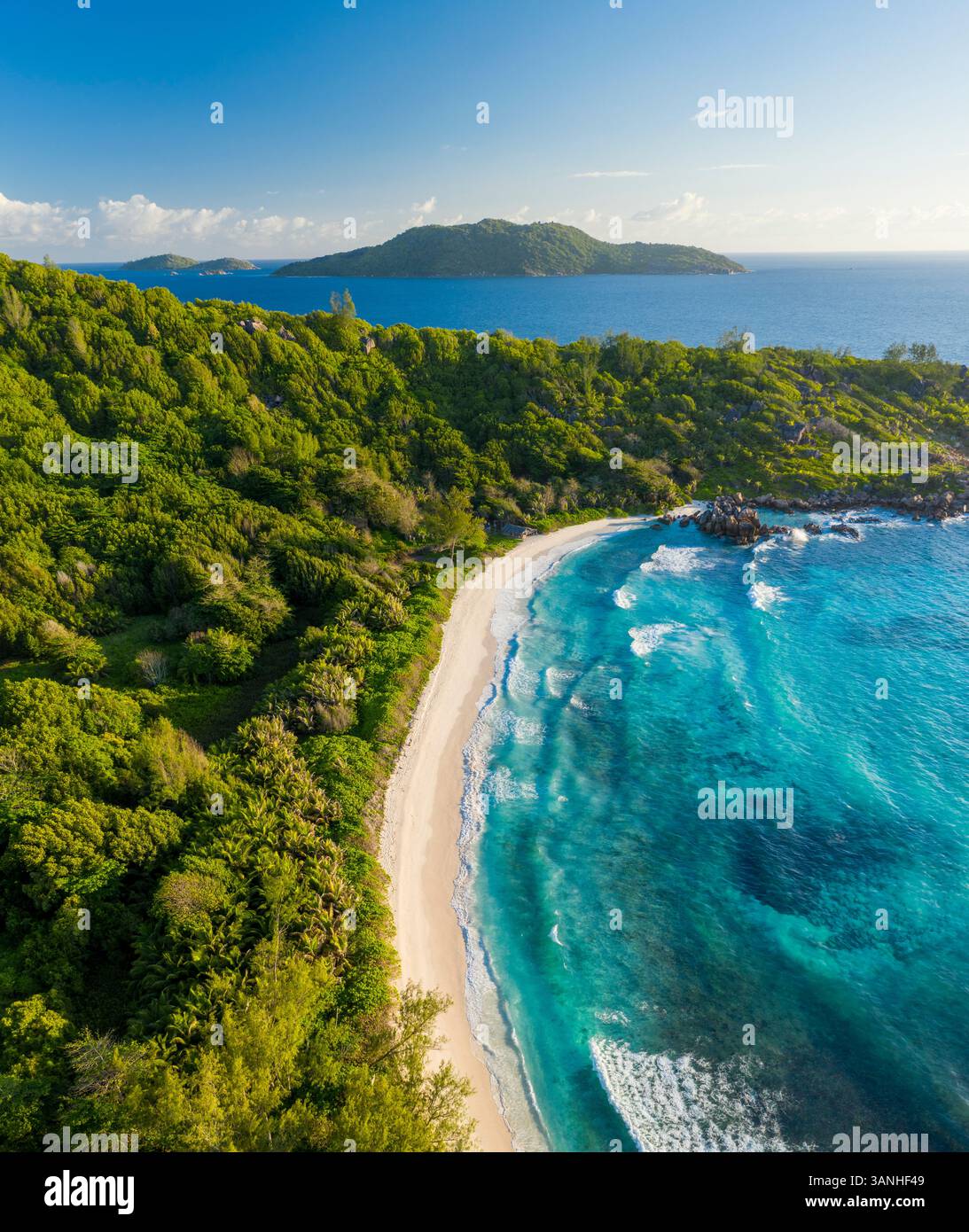 Panoramic aerial view of a scenic beach with white sand facing Anse ...